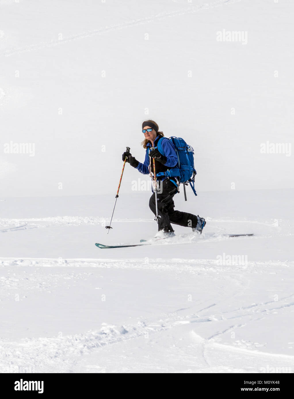 Female alpine telemark ski mountaineer skiing downhill in Antarctica ...