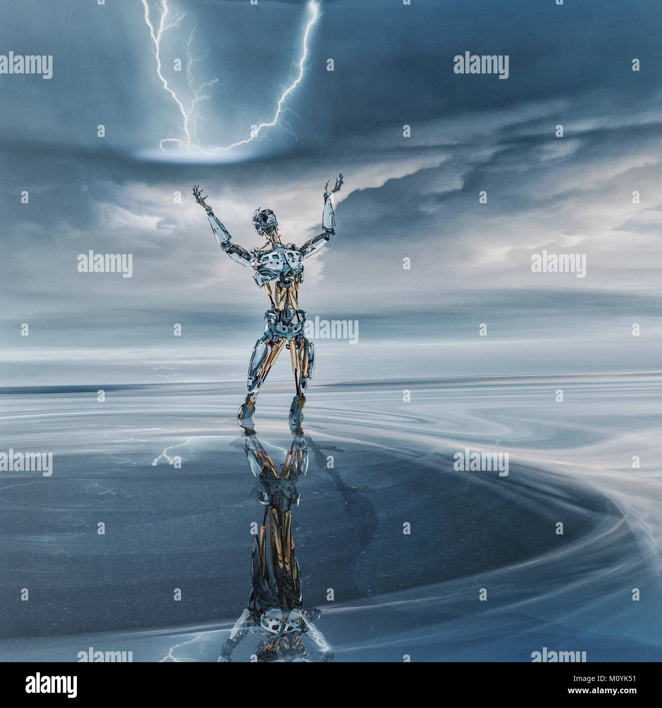 Reflection of robot looking up at lightning Stock Photo - Alamy