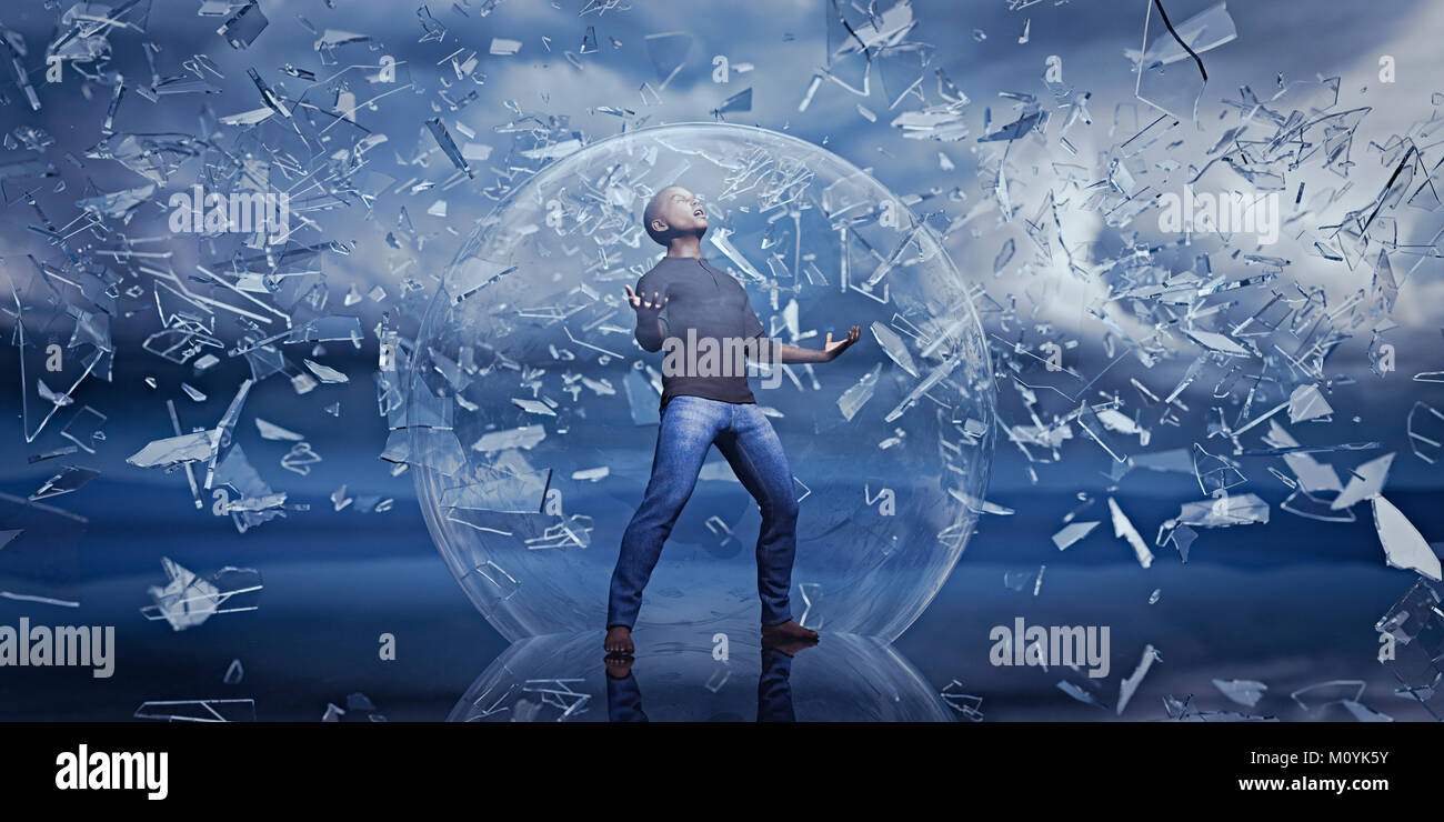 Man standing in sphere protected from falling shards of glass Stock ...