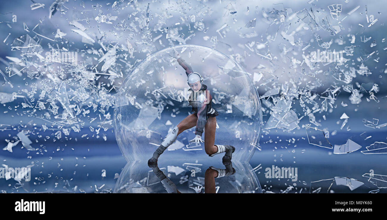 Futuristic woman in sphere protected from falling shards of glass Stock ...