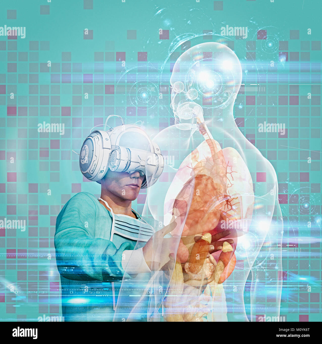 Surgeon wearing virtual reality goggles operating on hologram Stock ...