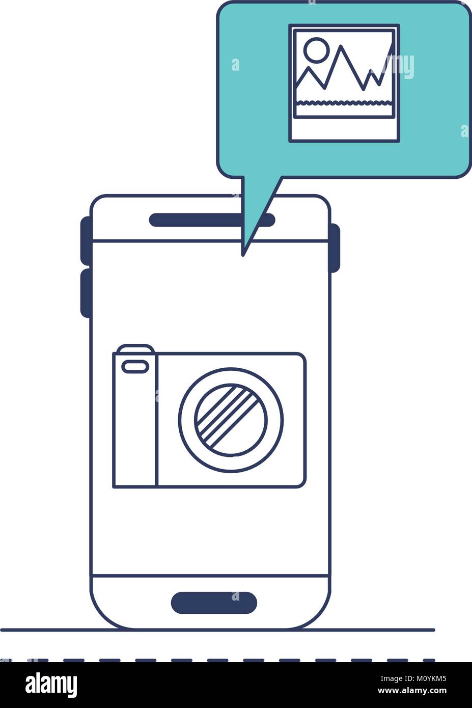 smartphone photo app and dialogue box in blue color sections silhouette ...