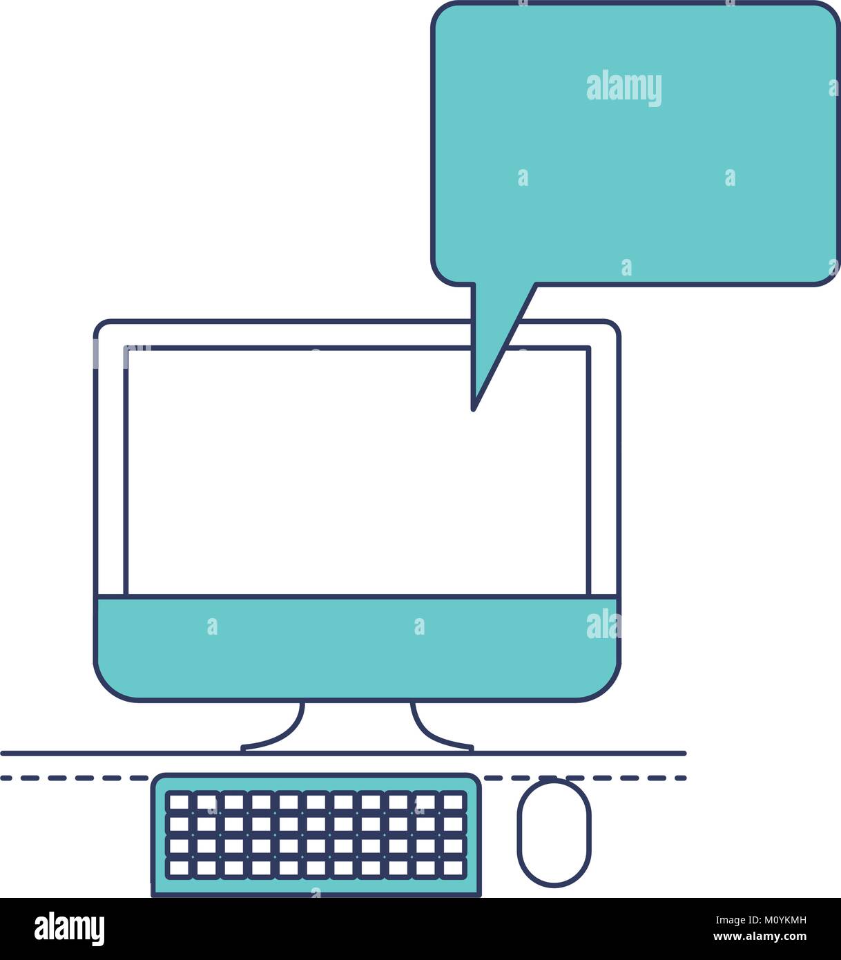 desktop computer with bubble dialogue in blue color sections silhouette ...