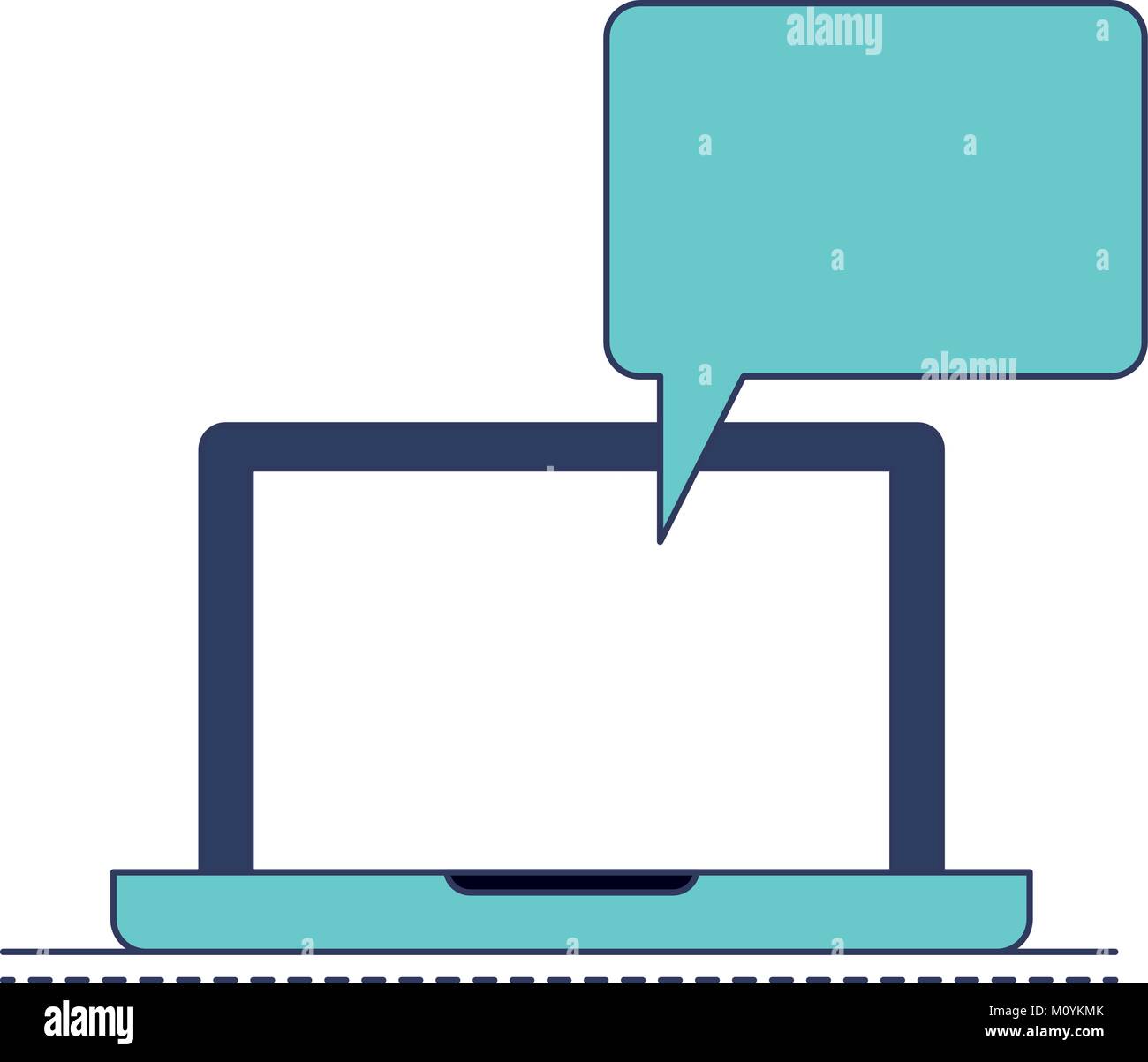 laptop computer with bubble dialogue in blue color sections silhouette ...