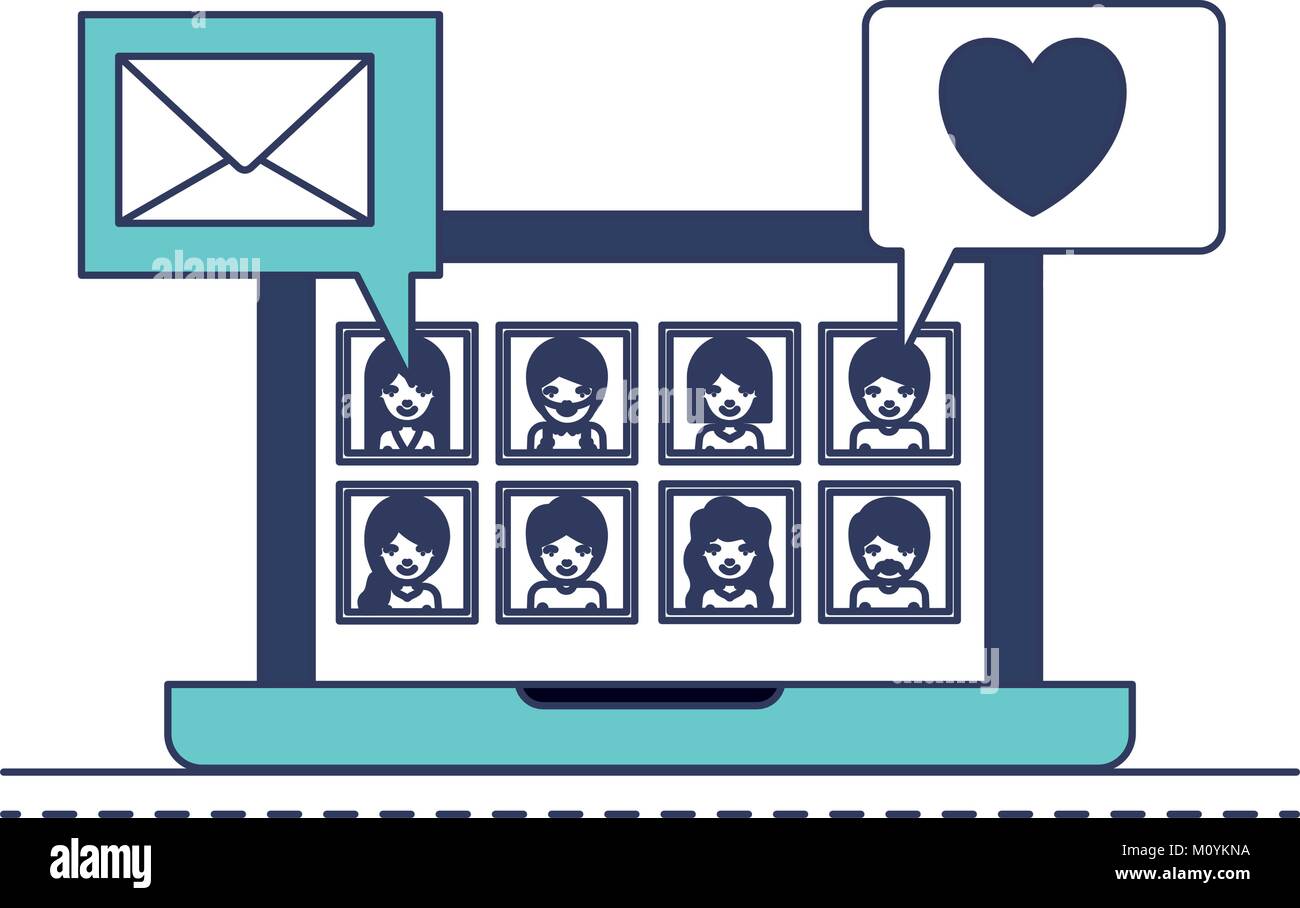 people picture profiles social network in laptop screen with dialogues ...