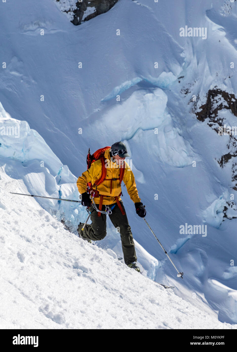 Alpine telemark ski mountaineer skiing downhill in Antarctica; Nansen ...
