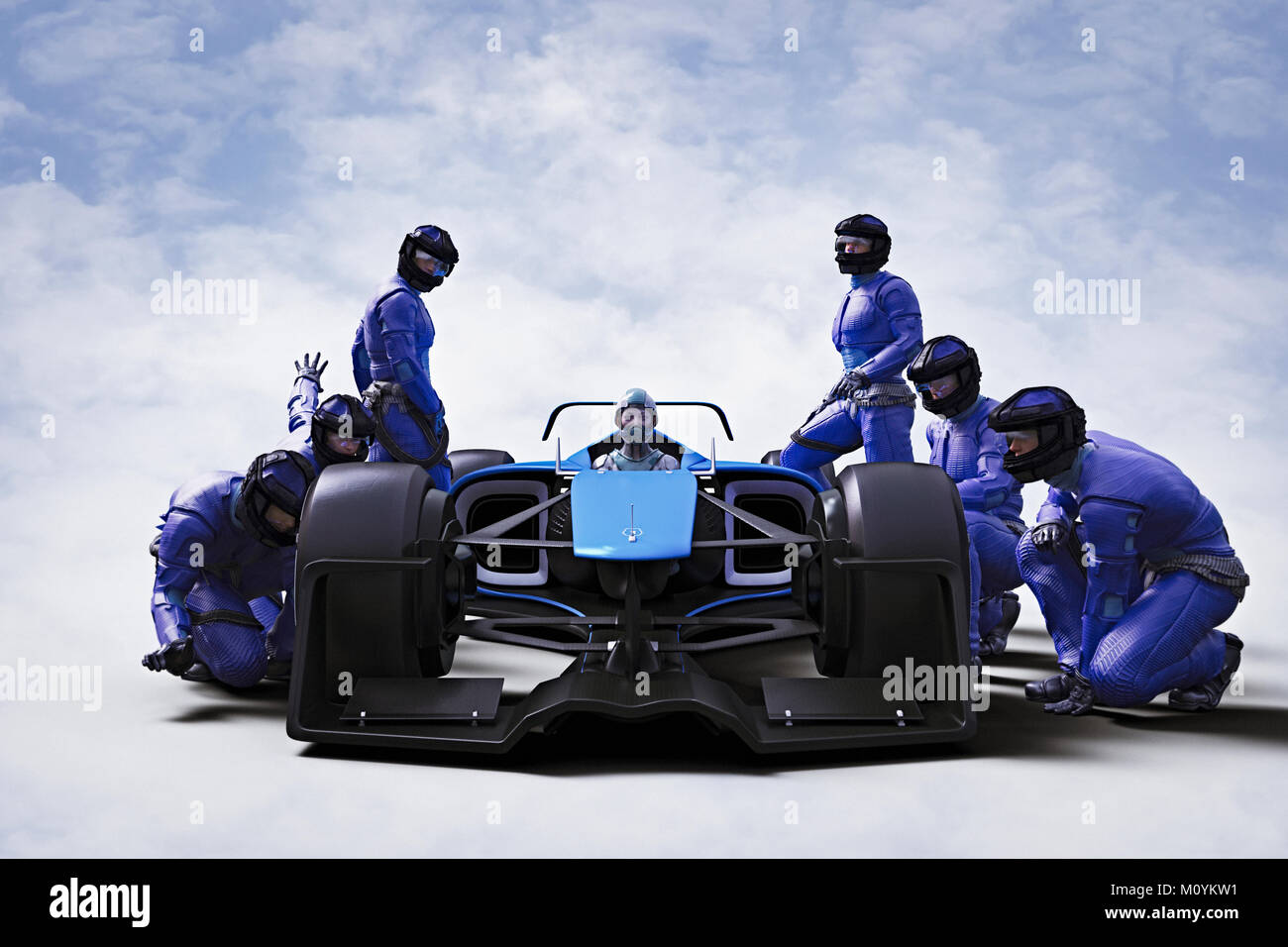 Futuristic pit crew servicing race car Stock Photo - Alamy