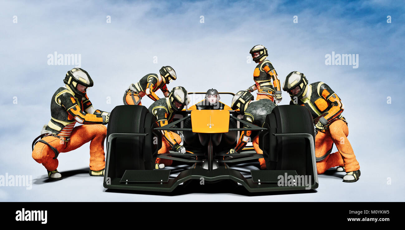 Futuristic pit crew servicing race car Stock Photo - Alamy