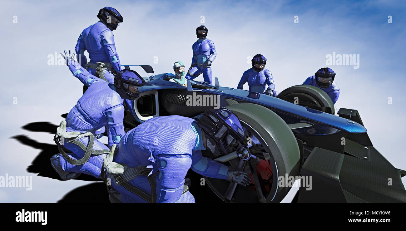 Futuristic pit crew servicing race car Stock Photo - Alamy
