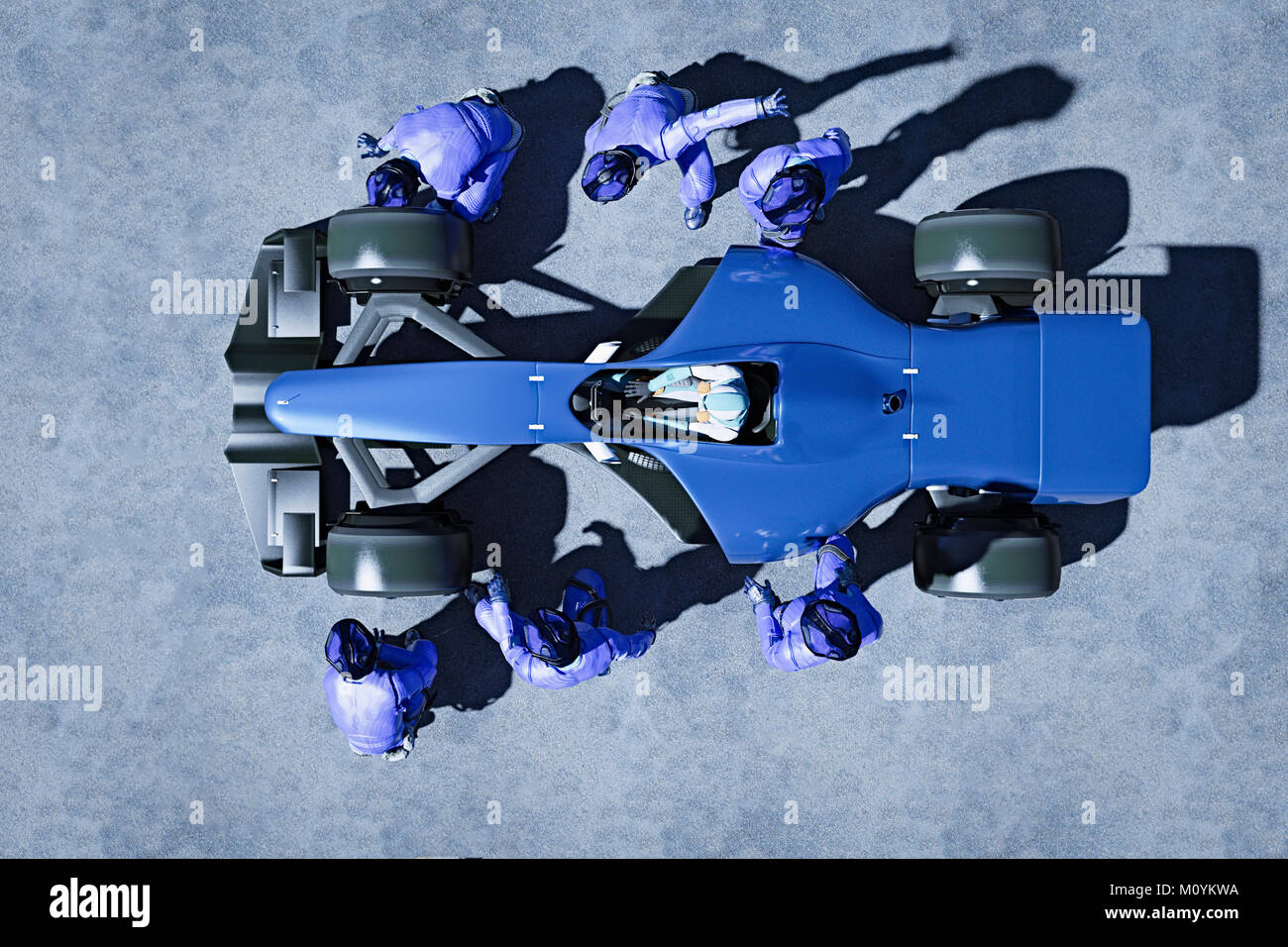 Futuristic pit crew servicing race car Stock Photo - Alamy