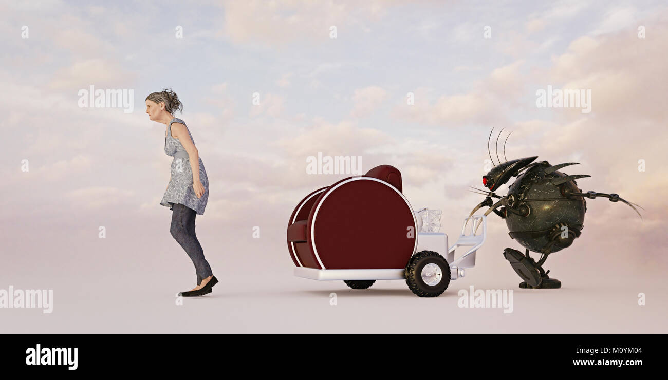 Robot pushing armchair behind older woman Stock Photo - Alamy