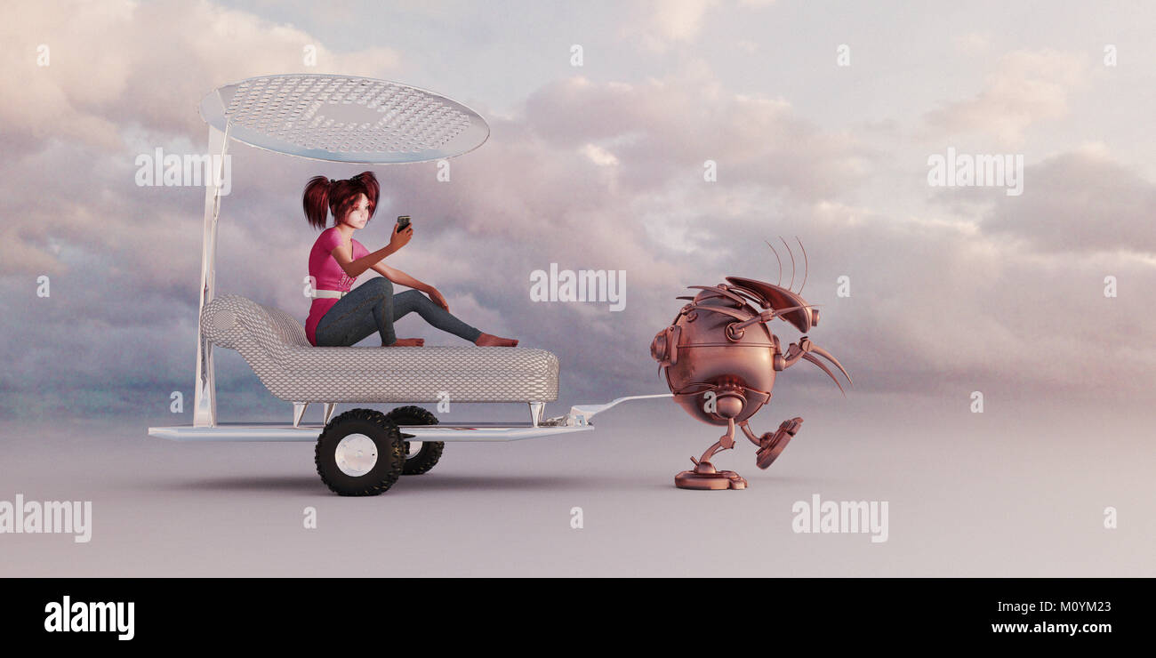 Robot pulling girl in luxury futuristic rickshaw Stock Photo - Alamy