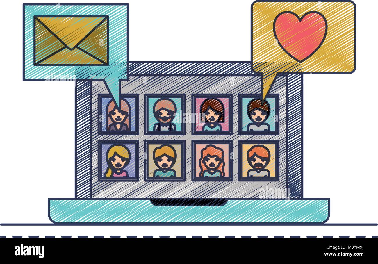 people picture profiles social network in laptop screen with dialogues ...