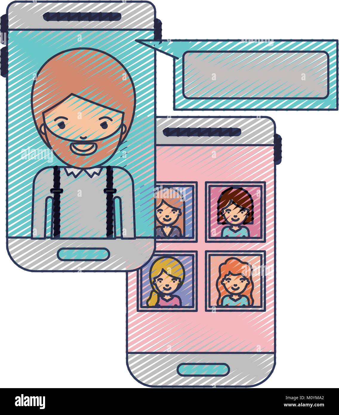 man and group social network chat in smartphone in colored crayon ...