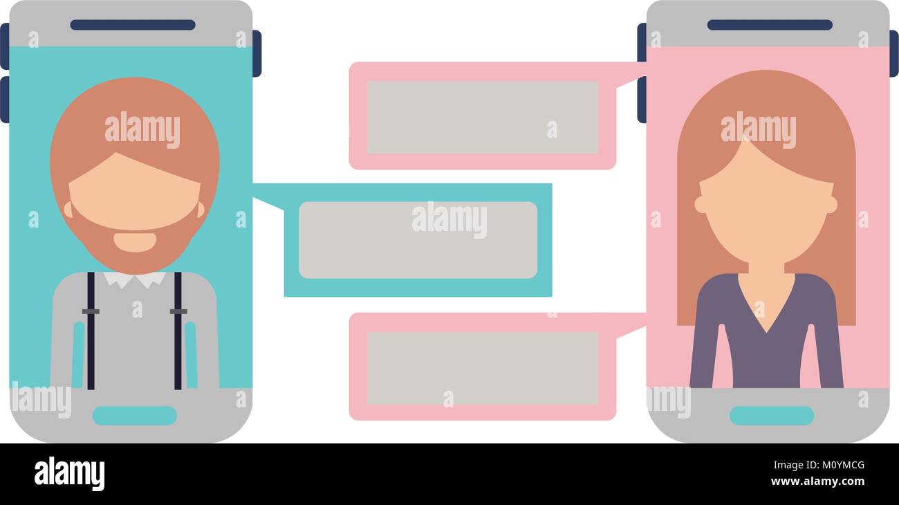 faceless man and woman social network chat in smartphone in colorful ...