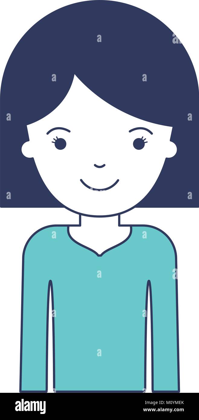 half body woman with hair middle length in blue color sections ...