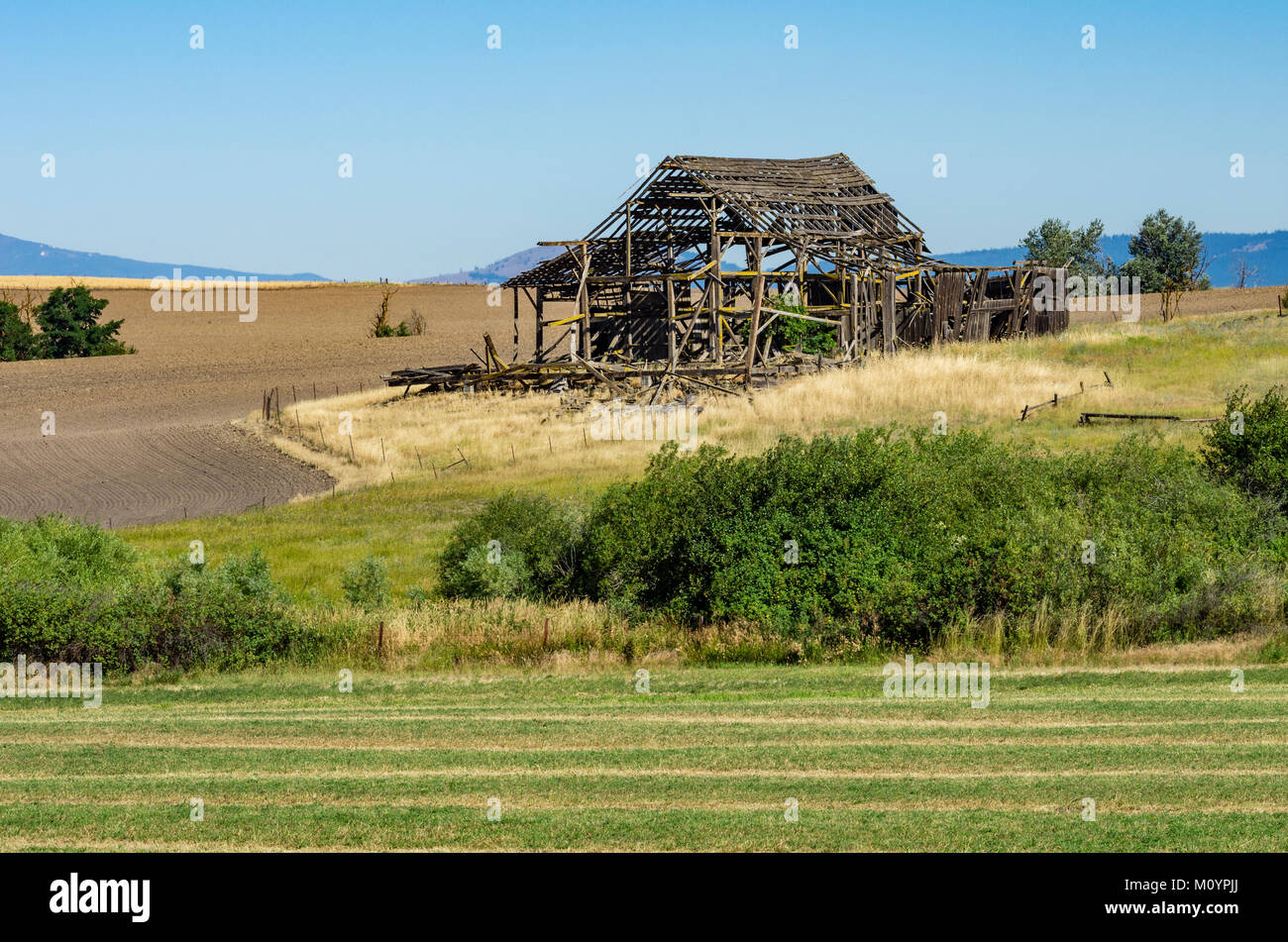 Vintage post and beam barn abandoned and falling apart. Washington, USA ...