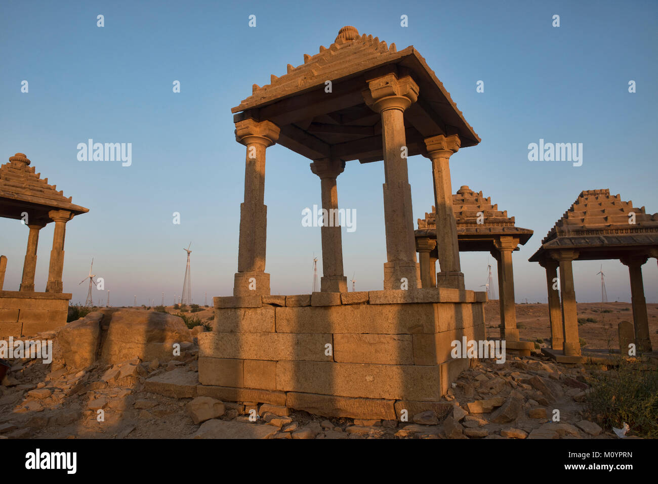 The cenotaphs of Bada Bagh at sunset, Jaisalmer, Rajasthan, India Stock ...