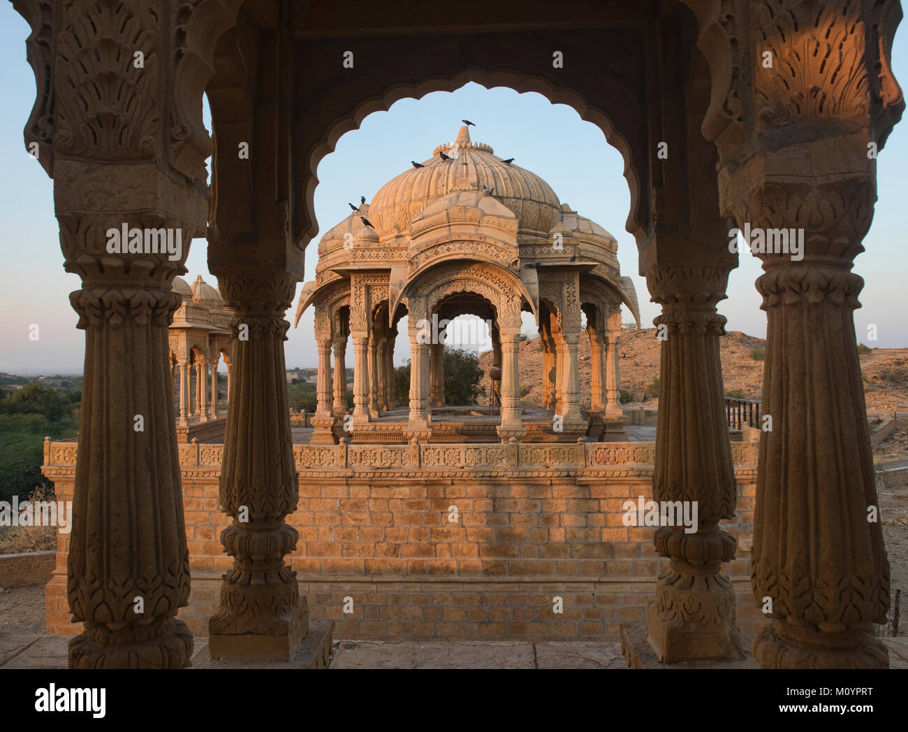 The cenotaphs of Bada Bagh at sunset, Jaisalmer, Rajasthan, India Stock ...