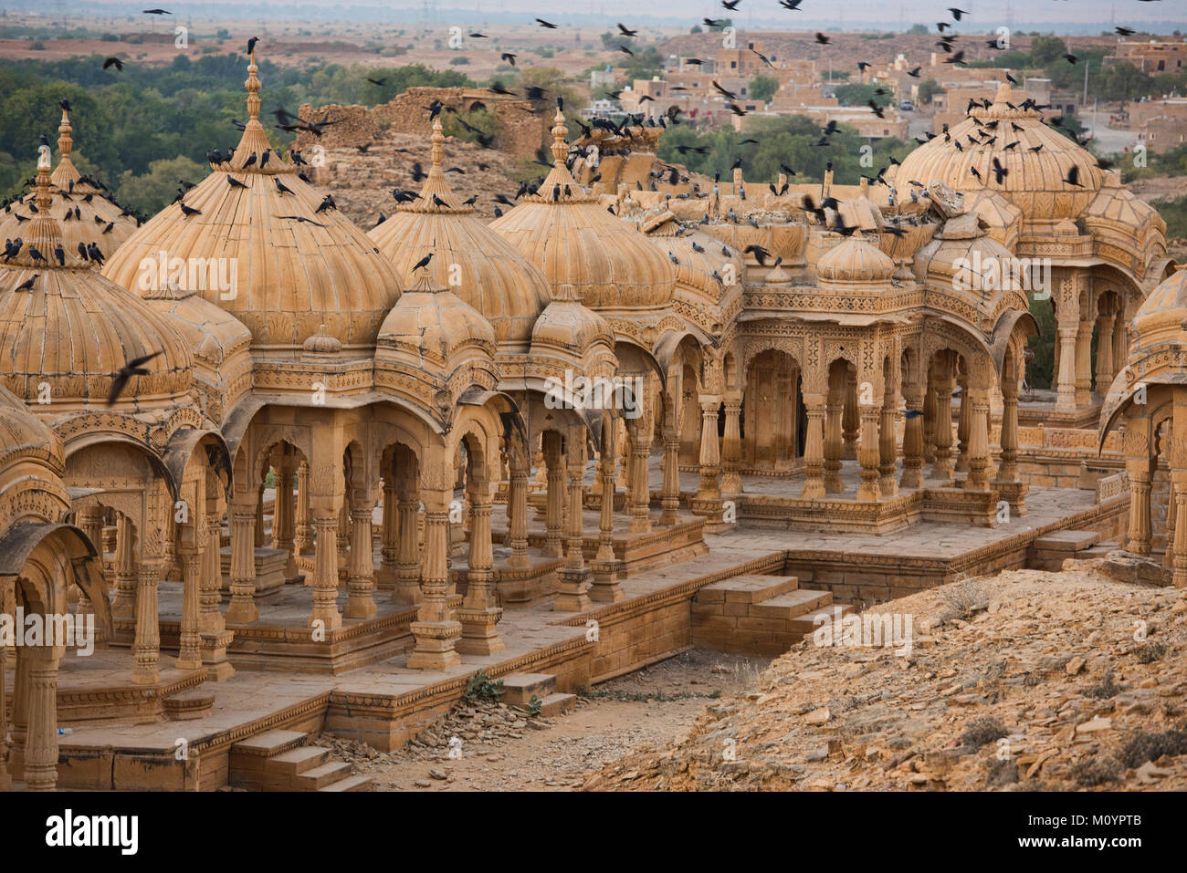The cenotaphs of Bada Bagh at sunset, Jaisalmer, Rajasthan, India Stock ...