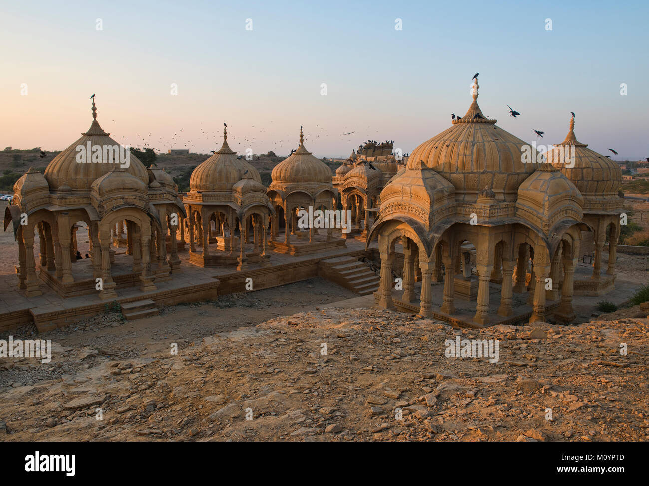 The cenotaphs of Bada Bagh at sunset, Jaisalmer, Rajasthan, India Stock ...