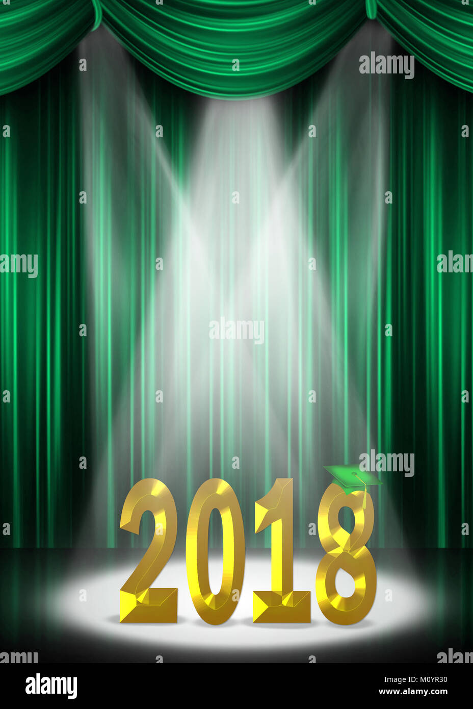 graduation cap on gold 2018 graduation text in spotlight on stage with ...