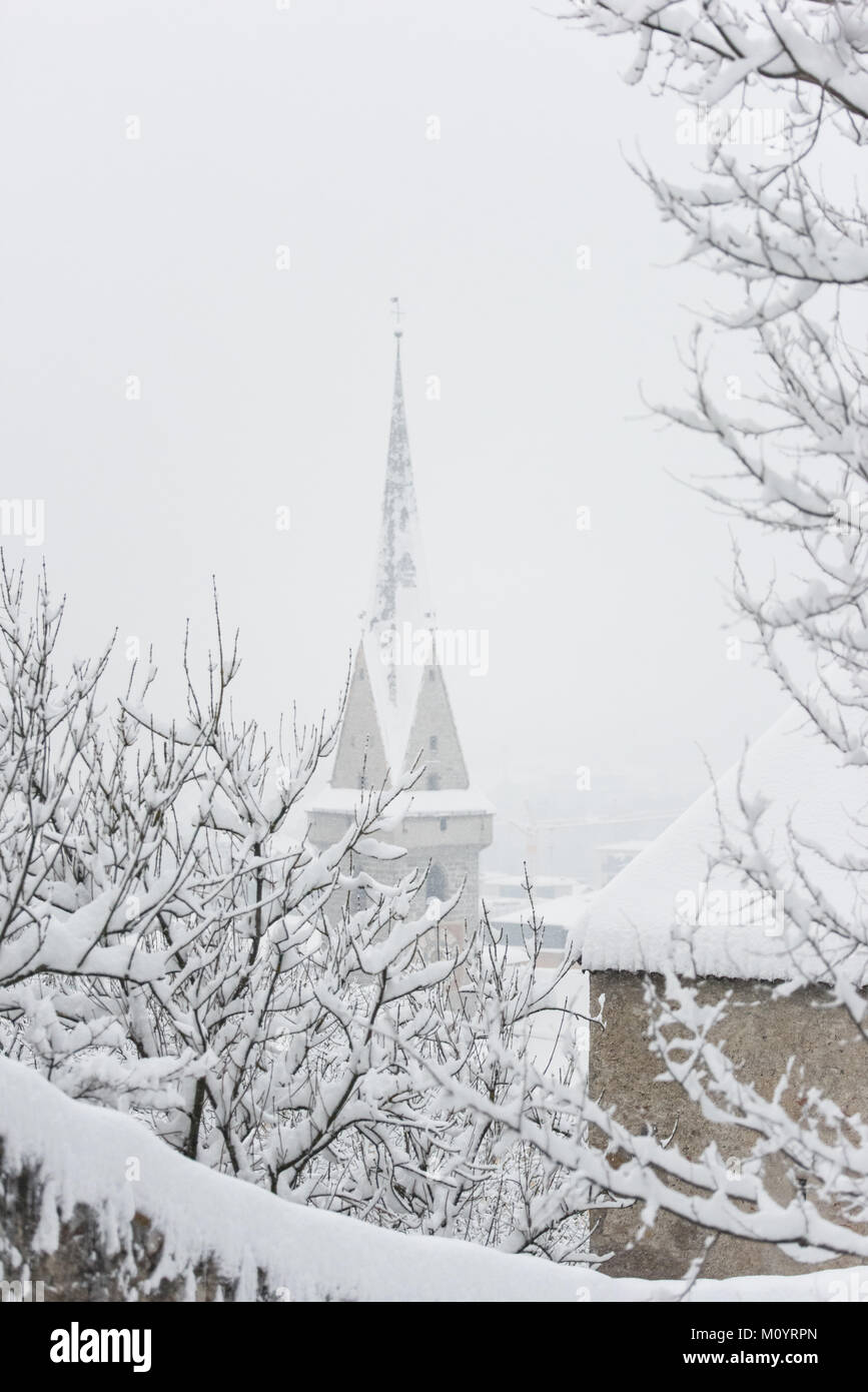 Dobbiaco during the snowfall Stock Photo - Alamy