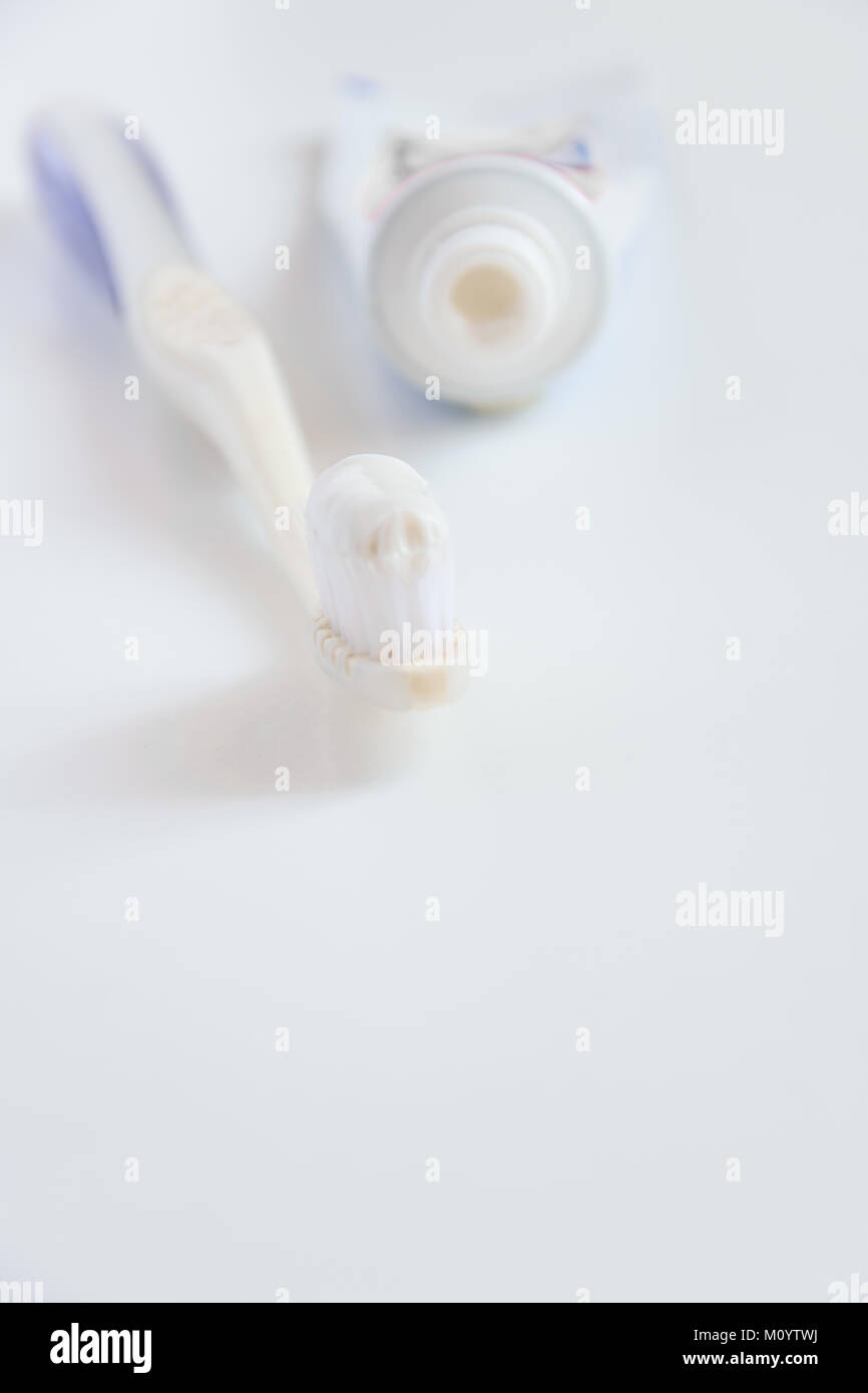 Isolated toothbrush and toothpaste on white background with space for ...