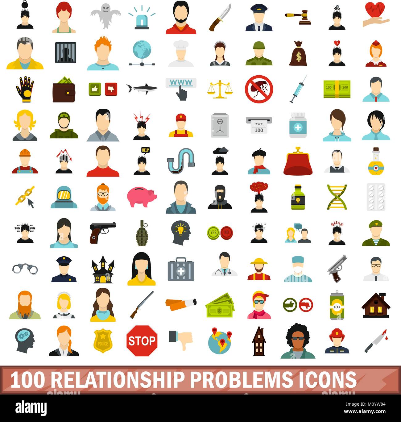 100 relationship problems icons set, flat style Stock Vector Image ...