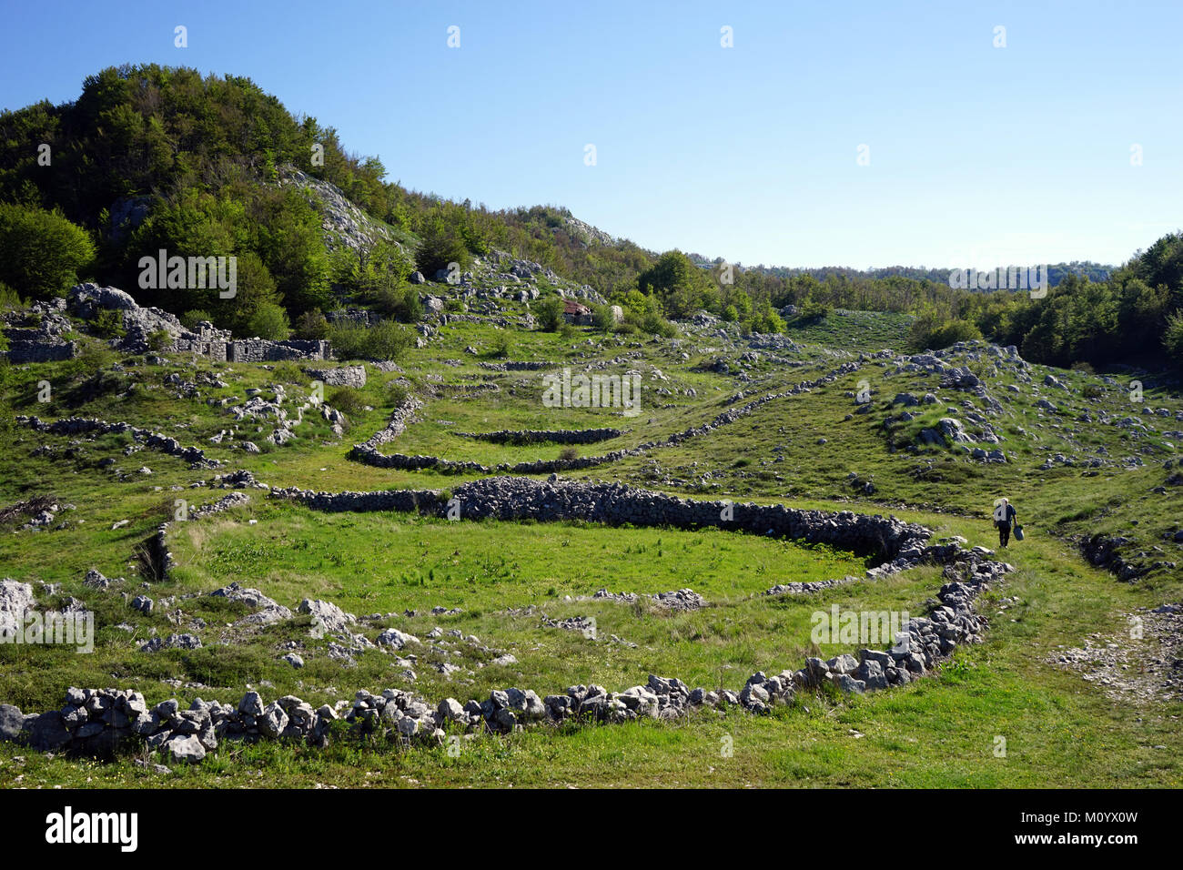 Man walk in ruined village in mountain area in Montenegro Stock Photo ...