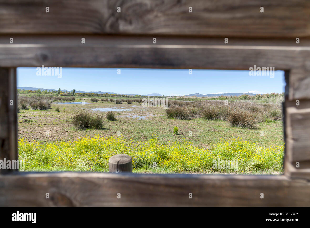 Natural area delta river Llobregat, view through bird watching ...