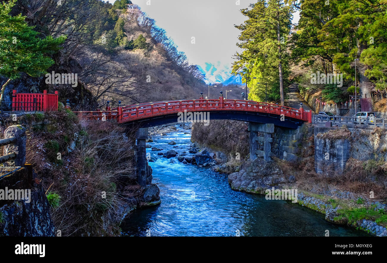Red sacred bridge Shinkyo in Nikko, Japan. Nikko and Lake Chuzenji are well known for their ...