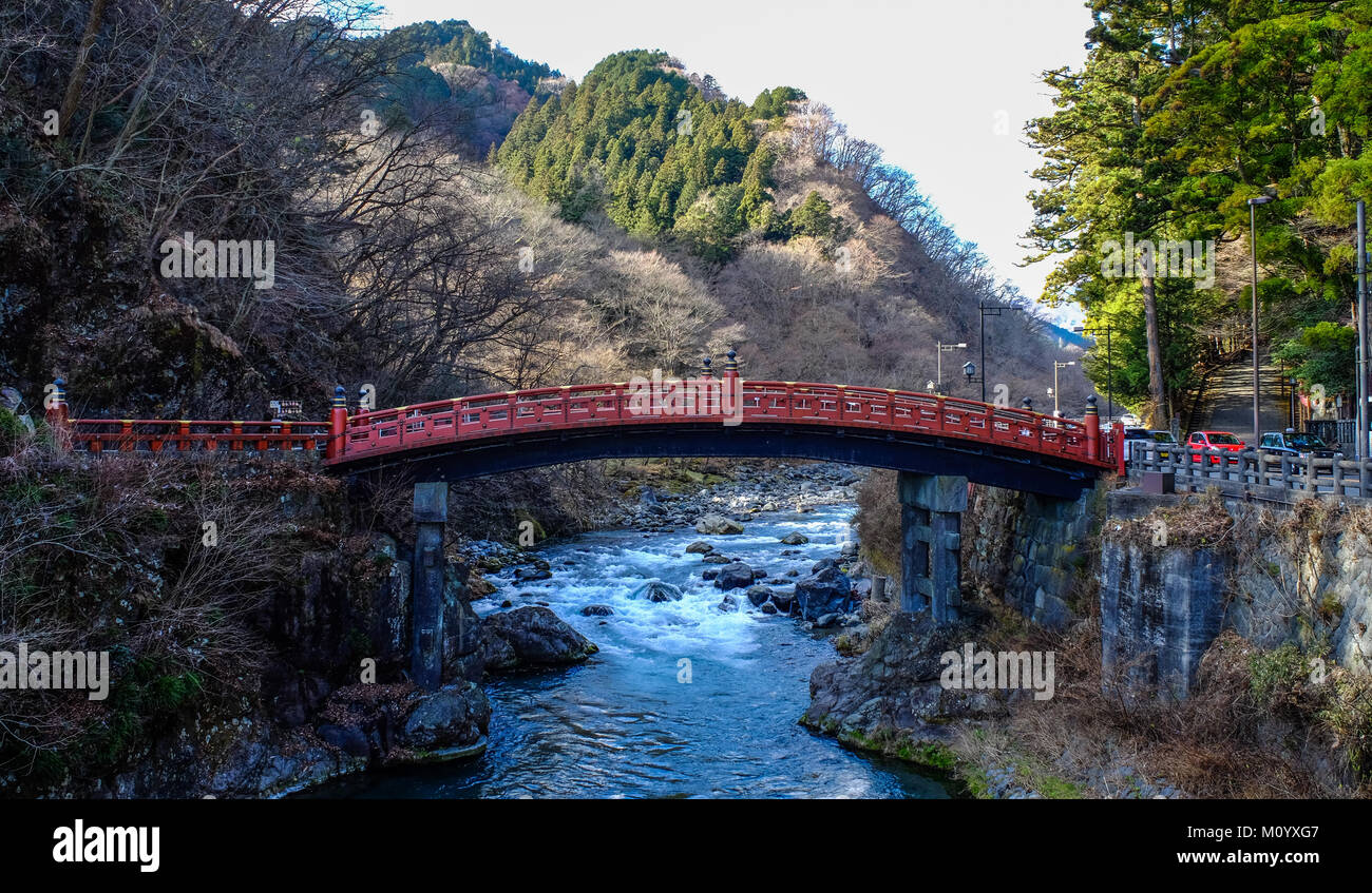 Sacred Bridge Shinkyo in Nikko, Japan. Nikko and Lake Chuzenji are well known for their ...