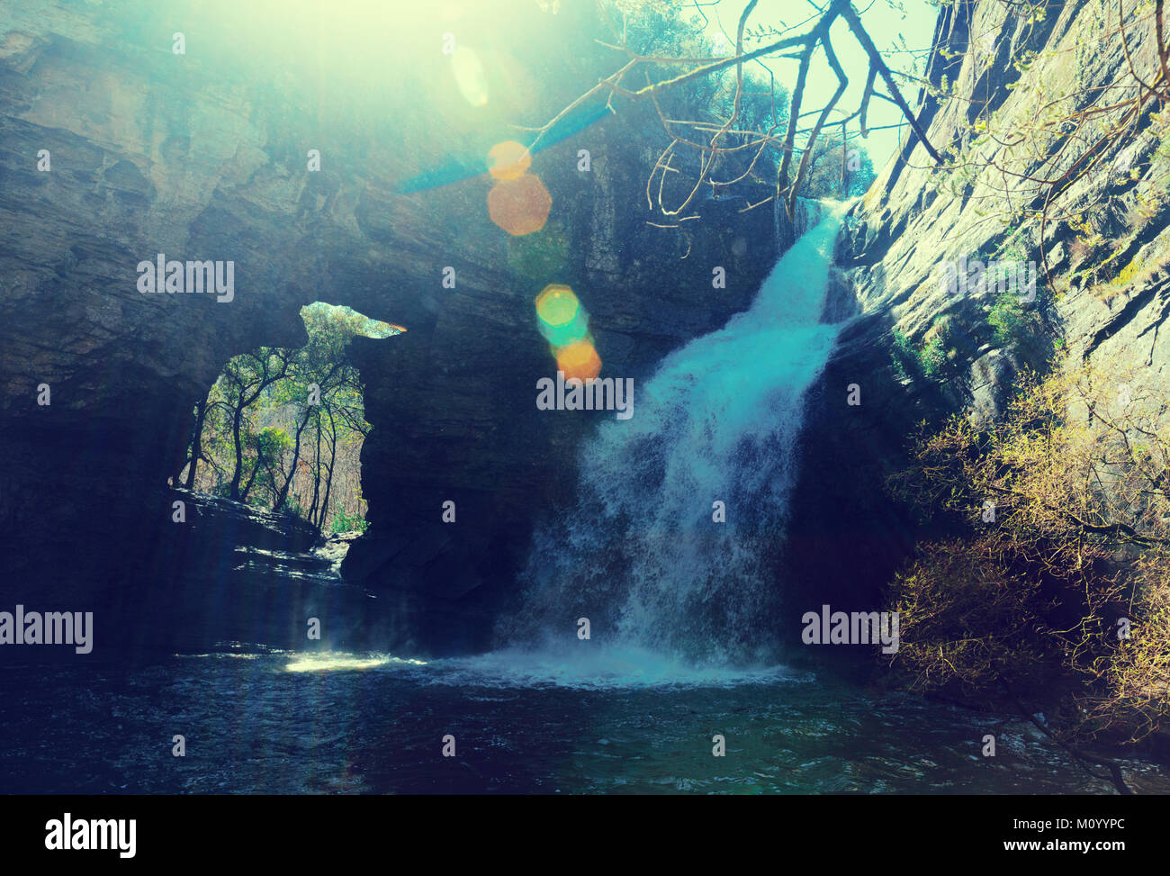 Waterfall La Foradada de Cantonigros surrounded by beautiful forests ...