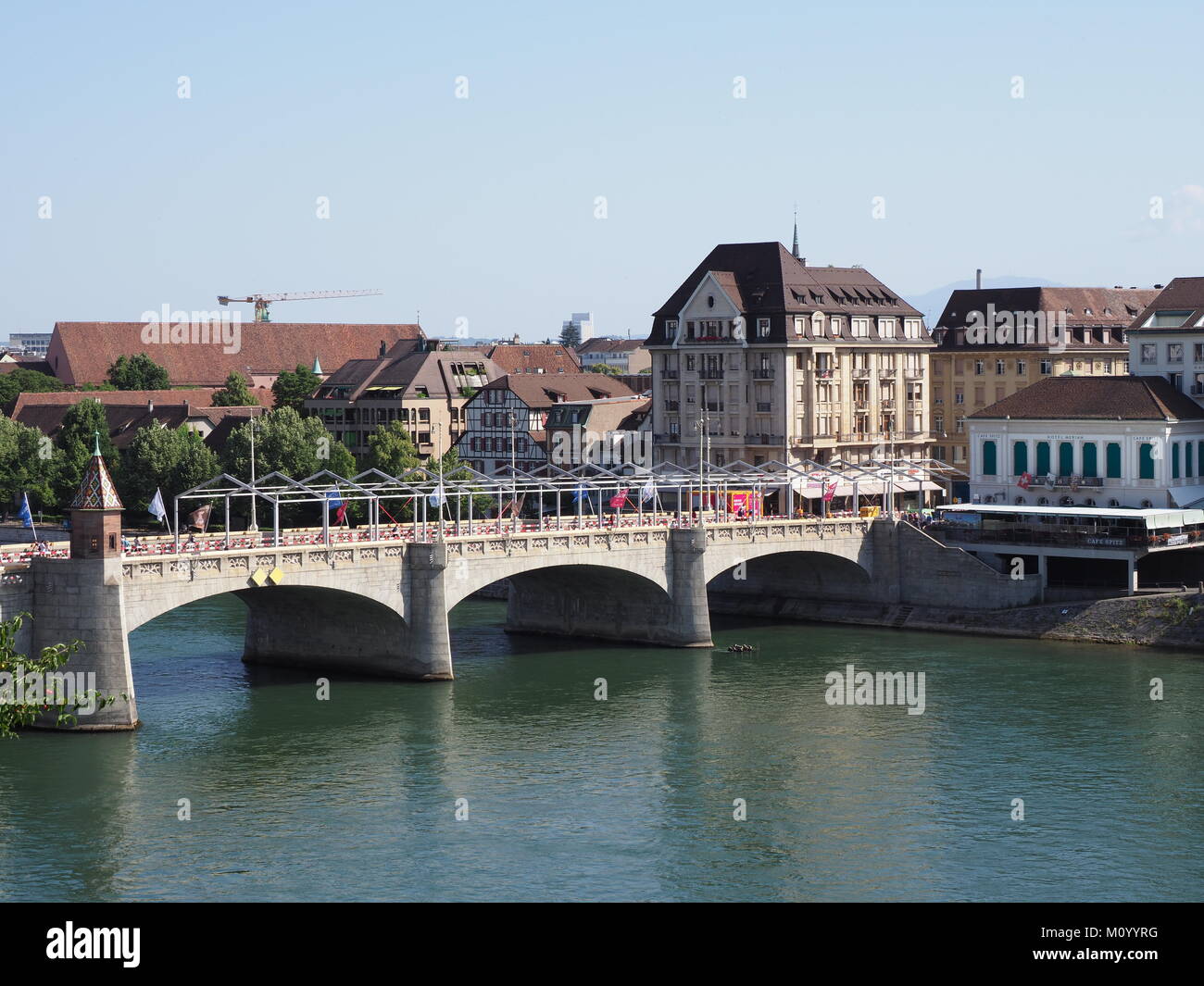 Stony Middle bridge over Rhine River in swiss city Basel center with ...