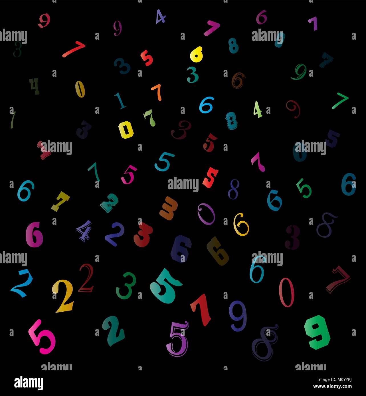 falling colorful figures, numbers backdrop on black background Stock ...