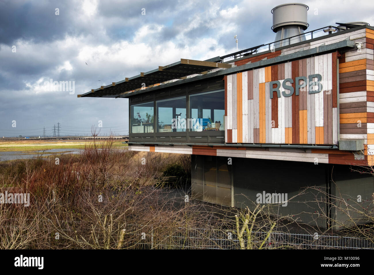 Essex UK. Visitor Centre of Rainham Marshes RSPB nature reserve next to ...