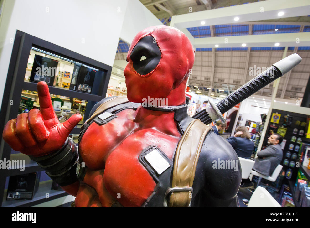 London, UK. 24th Jan, 2018. Human size Deadpool on display at the Toy ...