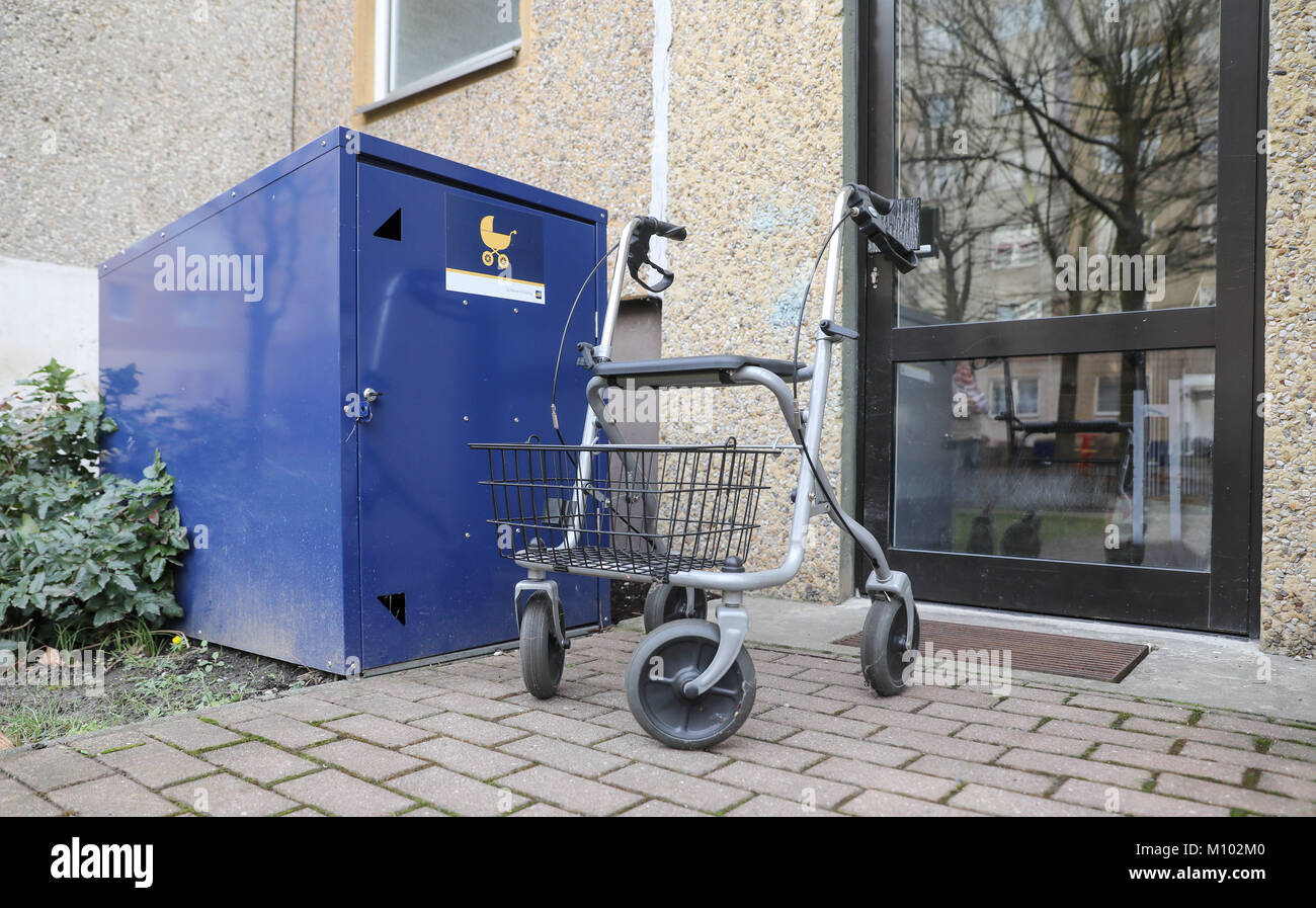 Leipzig, Germany. 24th Jan, 2018. A rollator stands in front of a box ...