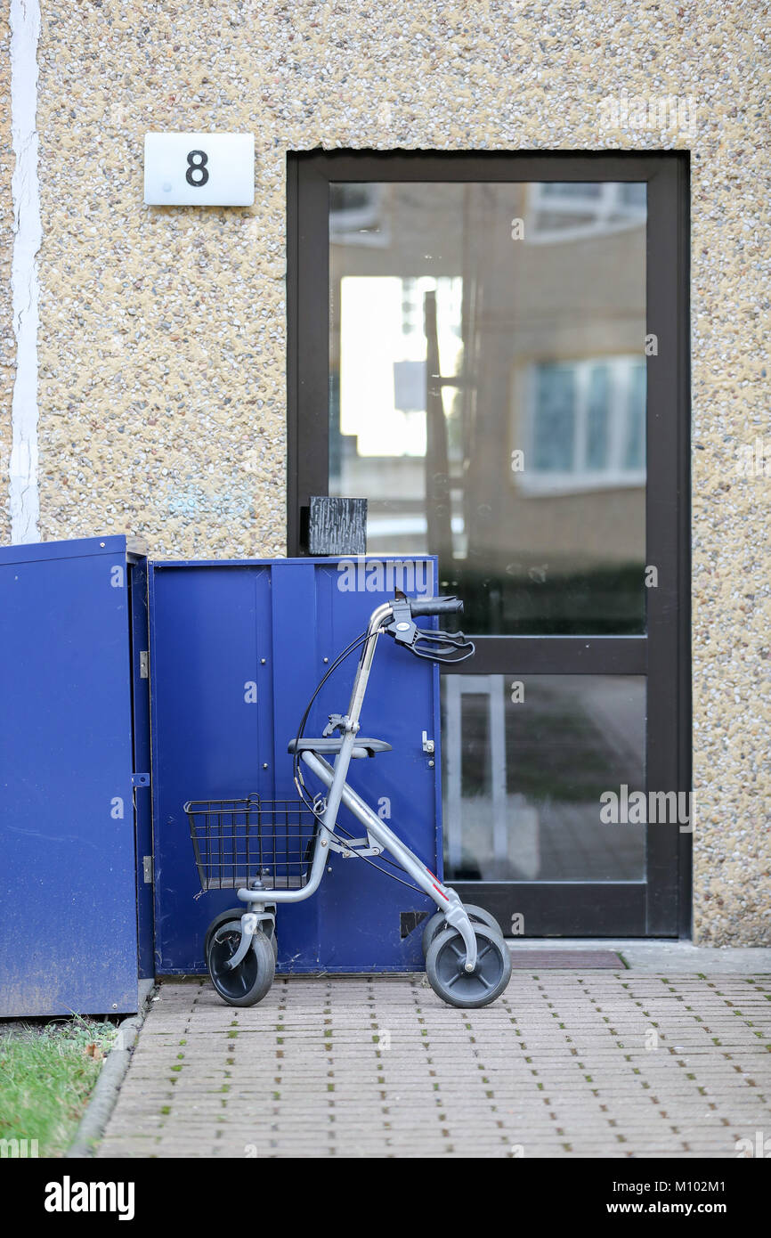 Leipzig, Germany. 24th Jan, 2018. A rollator stands in front of a box ...