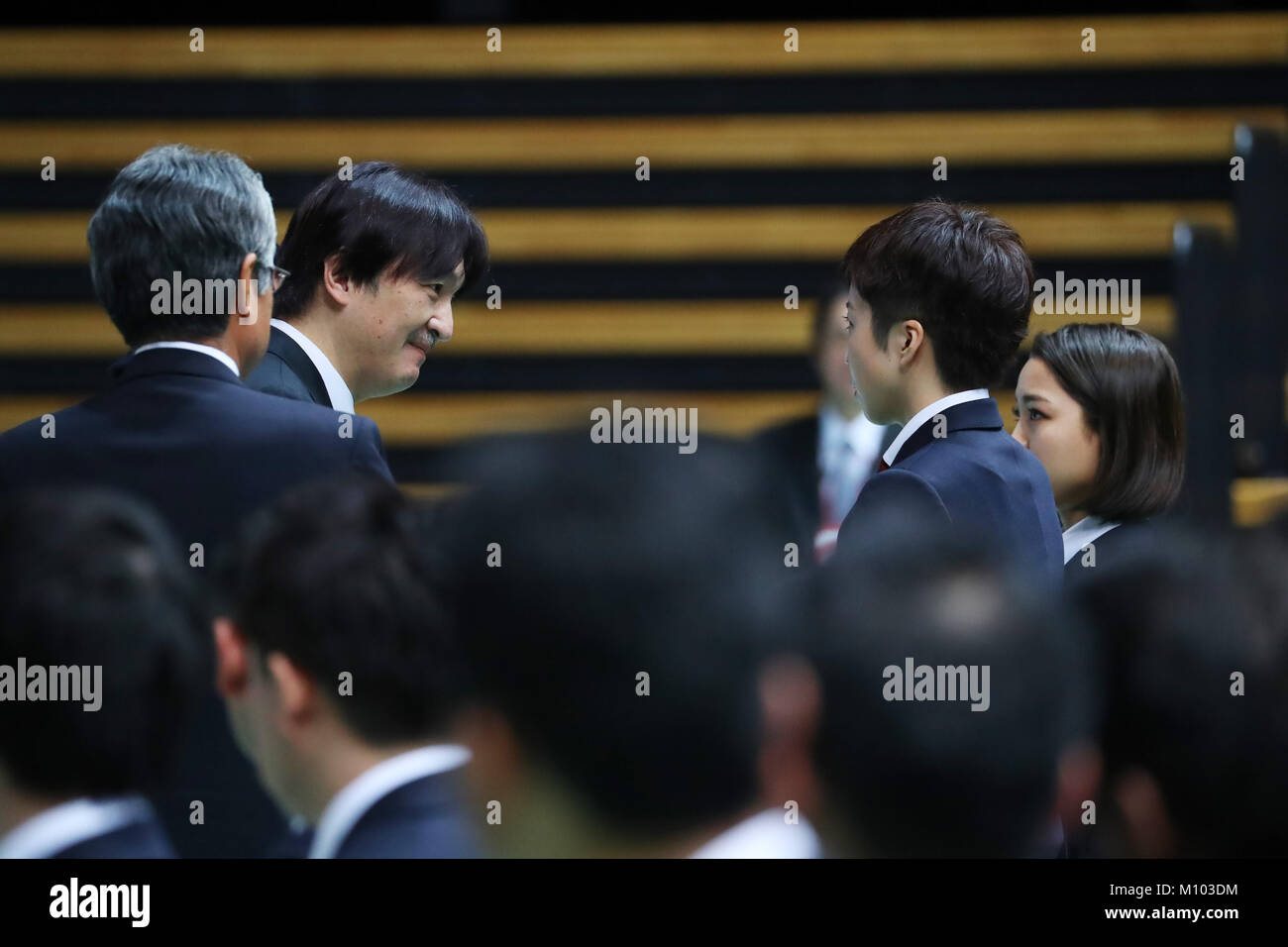 (L-R) JOCTsunekazu Takeda, Prince Akishino, Nao Kodaira, Sara Takanashi ...