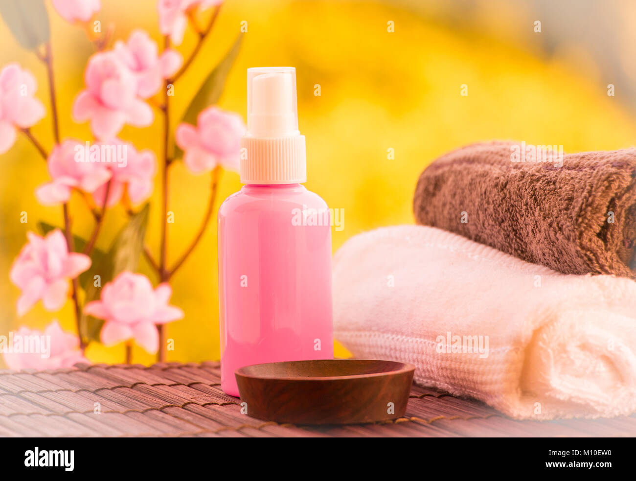 Relaxing Therapy Objects Including Towels Oil and Flowers Stock Photo ...