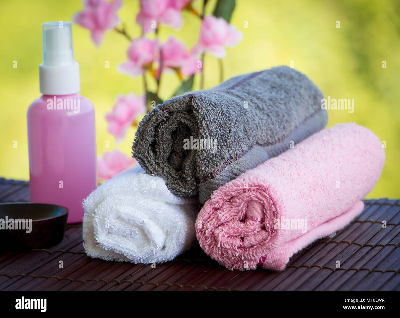 Body Care Therapy Objects Including Towels Oil and Flowers Stock Photo ...