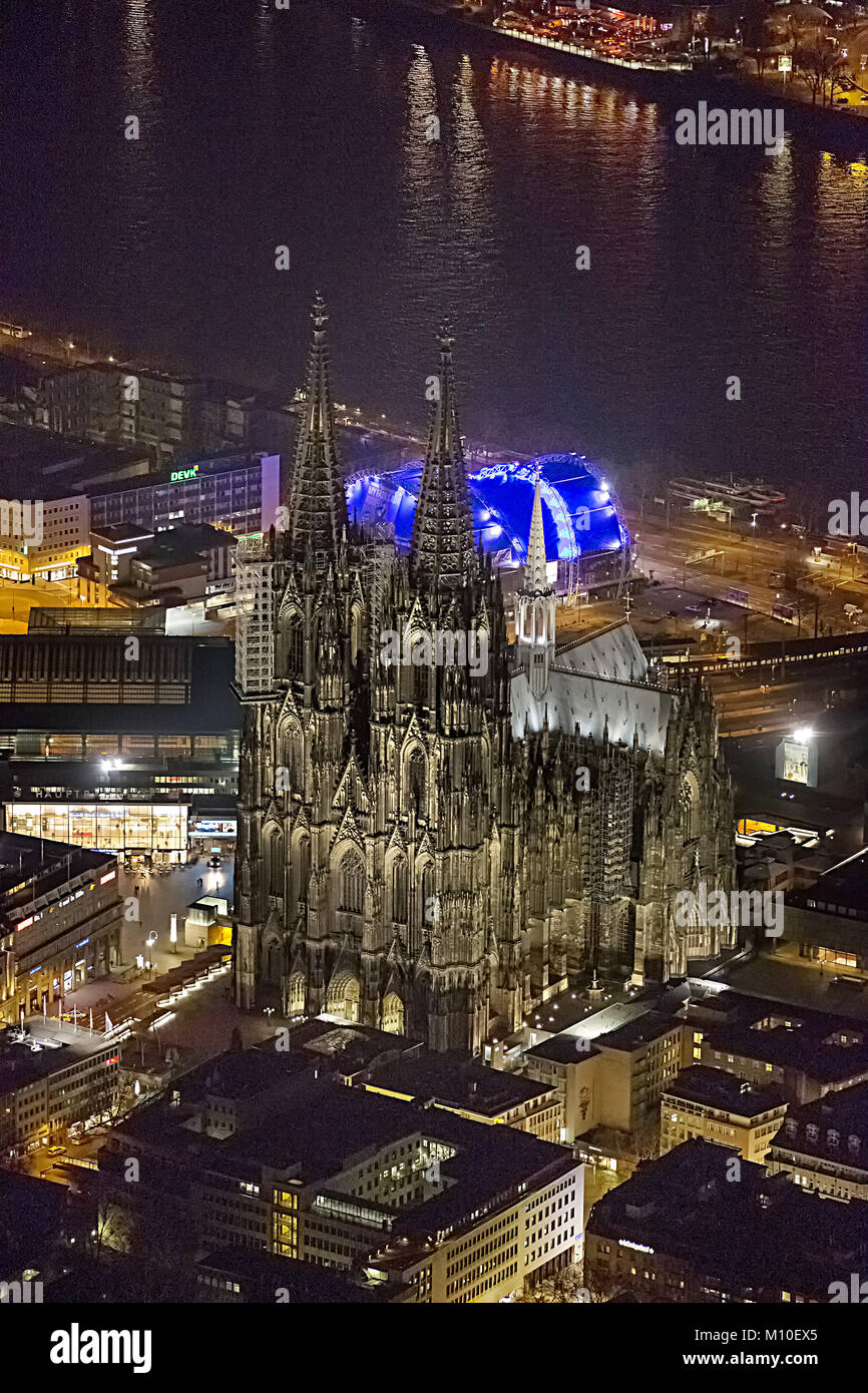 Aerial view, Cologne Cathedral at night, Cologne Cathedral is the ...