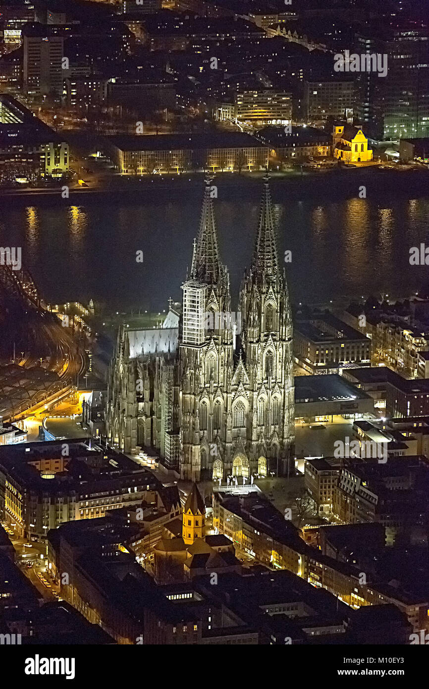 Aerial view, Cologne Cathedral at night, Cologne Cathedral is the ...