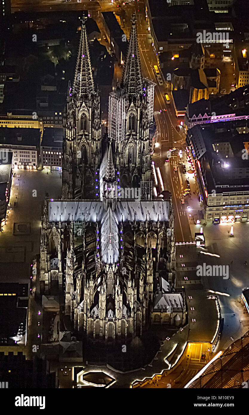 Aerial view, Cologne Cathedral at night, Cologne Cathedral is the ...