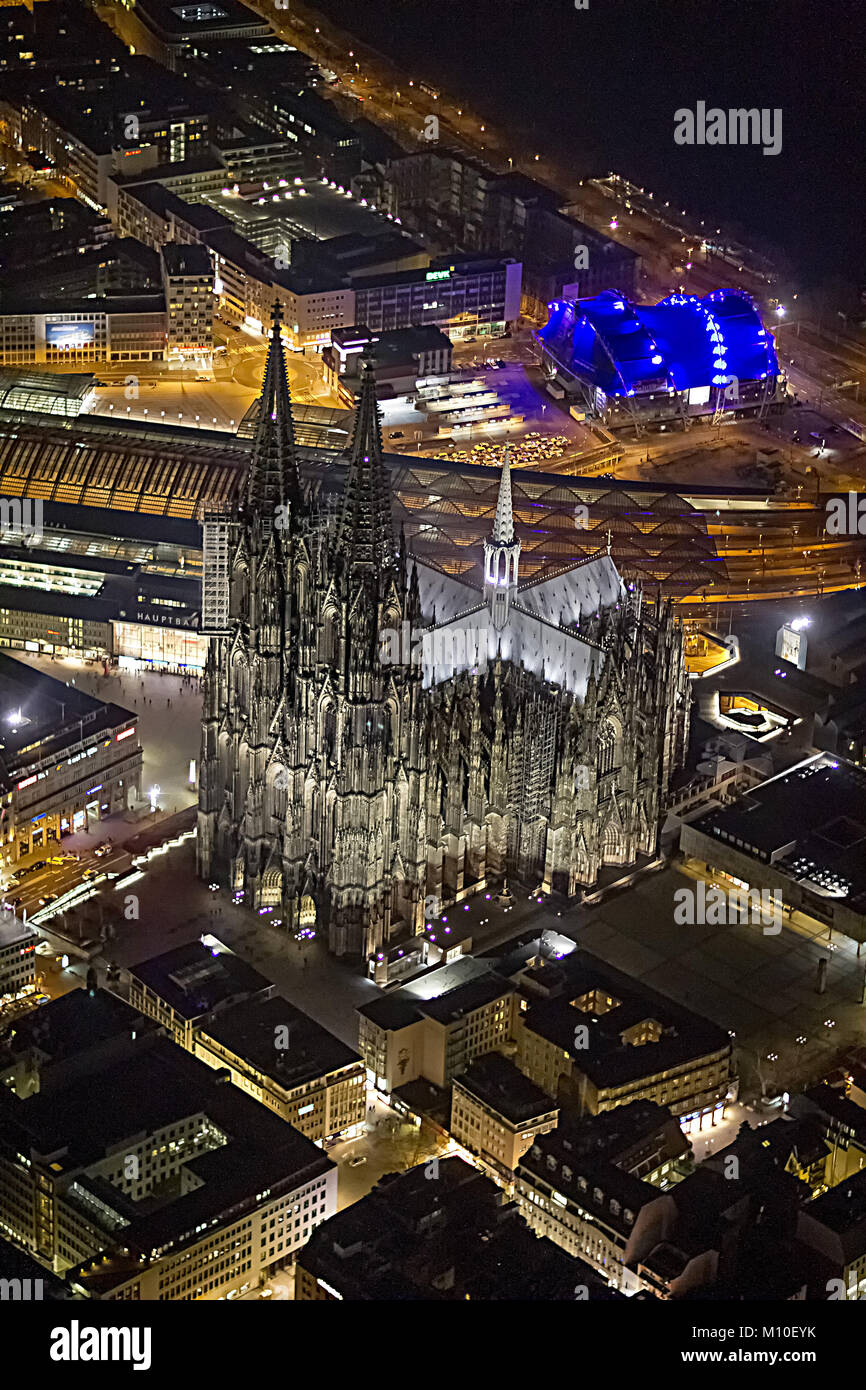 Aerial view, Cologne Cathedral at night, Cologne Cathedral is the ...