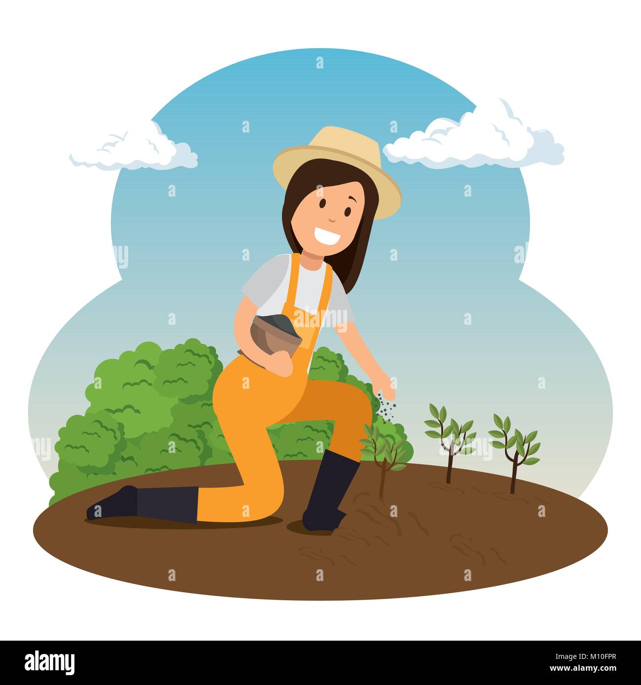 farmer girl growing plants gardening concept vector illustration ...