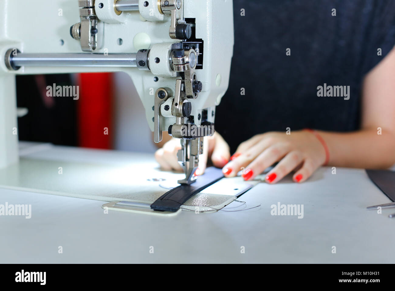 Seamstress sewing belt using sewing machine Stock Photo - Alamy