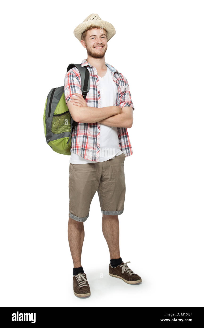 Full length portrait of a tourist man isolated on white background ...